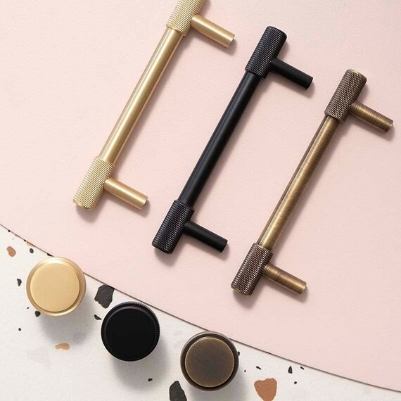 Satin Brass Handle Brushed Brass Handles Black Pull Handle | Etsy