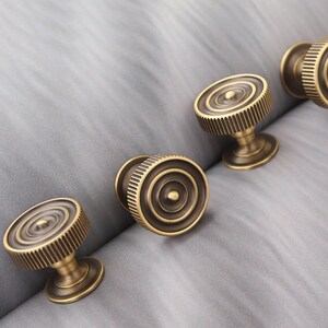 Antique Brass Drawer Knob With Lined Detail, Solid Brass Cabinet Hardware, Bronze Dresser Knobs ...