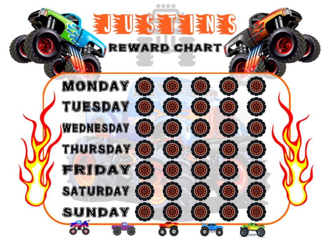 Personalised Monster Truck Vehicle Car Kids Name Reward Chart A4 ...