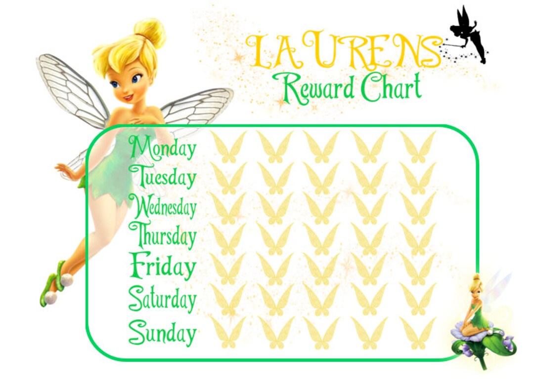 Kids Personalised Tinkerbell Fairy Princess Name Reward Chart A4 Laminated Poster and Sticker ...