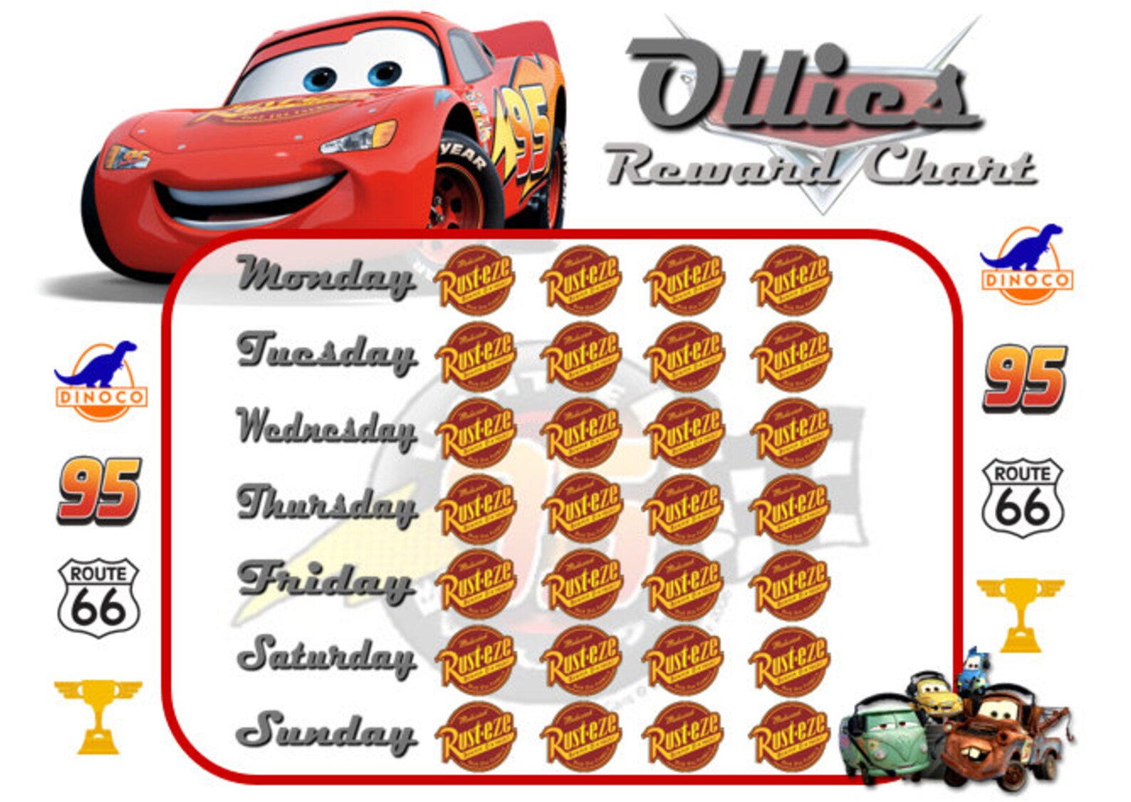 Personalised Cars Lightning Mcqueen Kids Name Reward Chart A4 Laminated ...