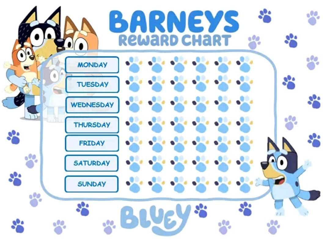 Personalised Kids Bluey Puppy Dog TV Character Cartoon Reward Chart A4 ...