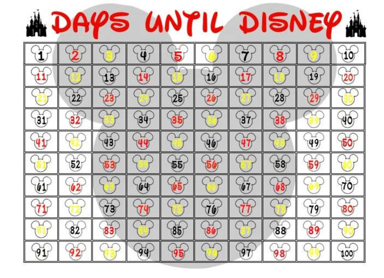 100 Days Until Disney A4 Laminated Mickey Mouse Holiday Vacation ...