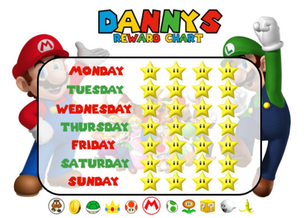 Personalised Kids Mario Luigi Cartoon Character Reward Chart A4 ...