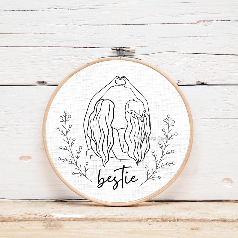 Bestie Hand Embroidery Pattern: Floral Friends Design (PDF Digital ...