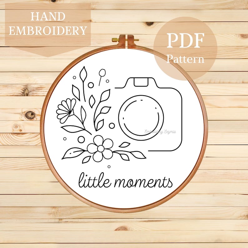 Floral Camera Hand Embroidery Pattern: Modern Botanical Design (PDF ...