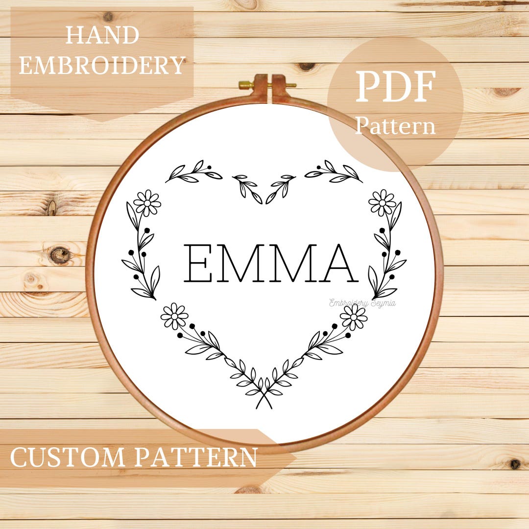 Custom Name Hand Embroidery Pattern PDF, Floral Heart Embroidery Design ...