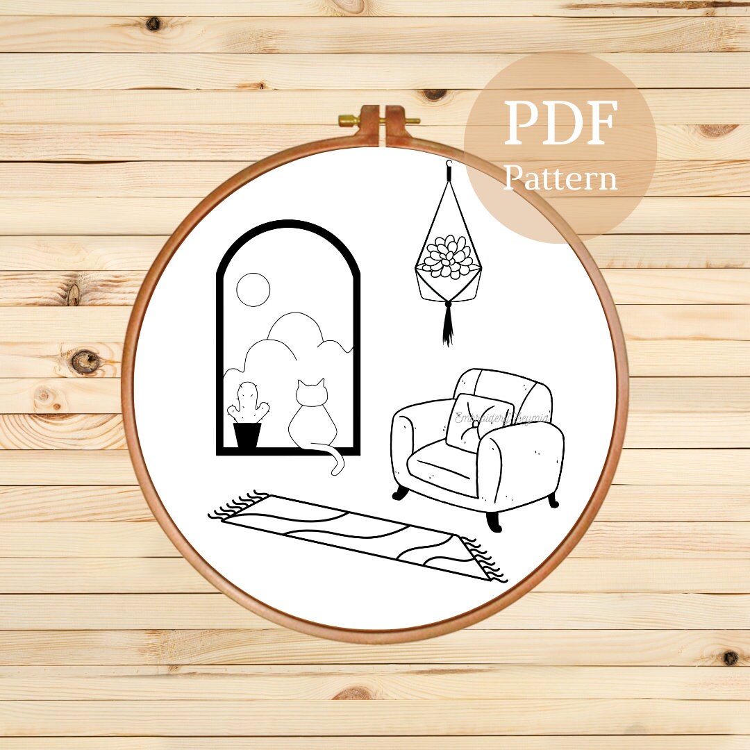 Cat in the Window Embroidery Design, Cozy Living Room Embroidery ...