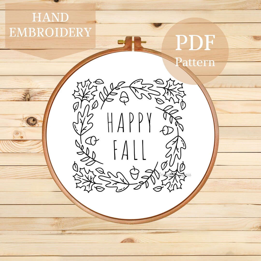 Happy Fall Hand Embroidery Pattern: Autumn Leaves and Acorns Wreath PDF ...