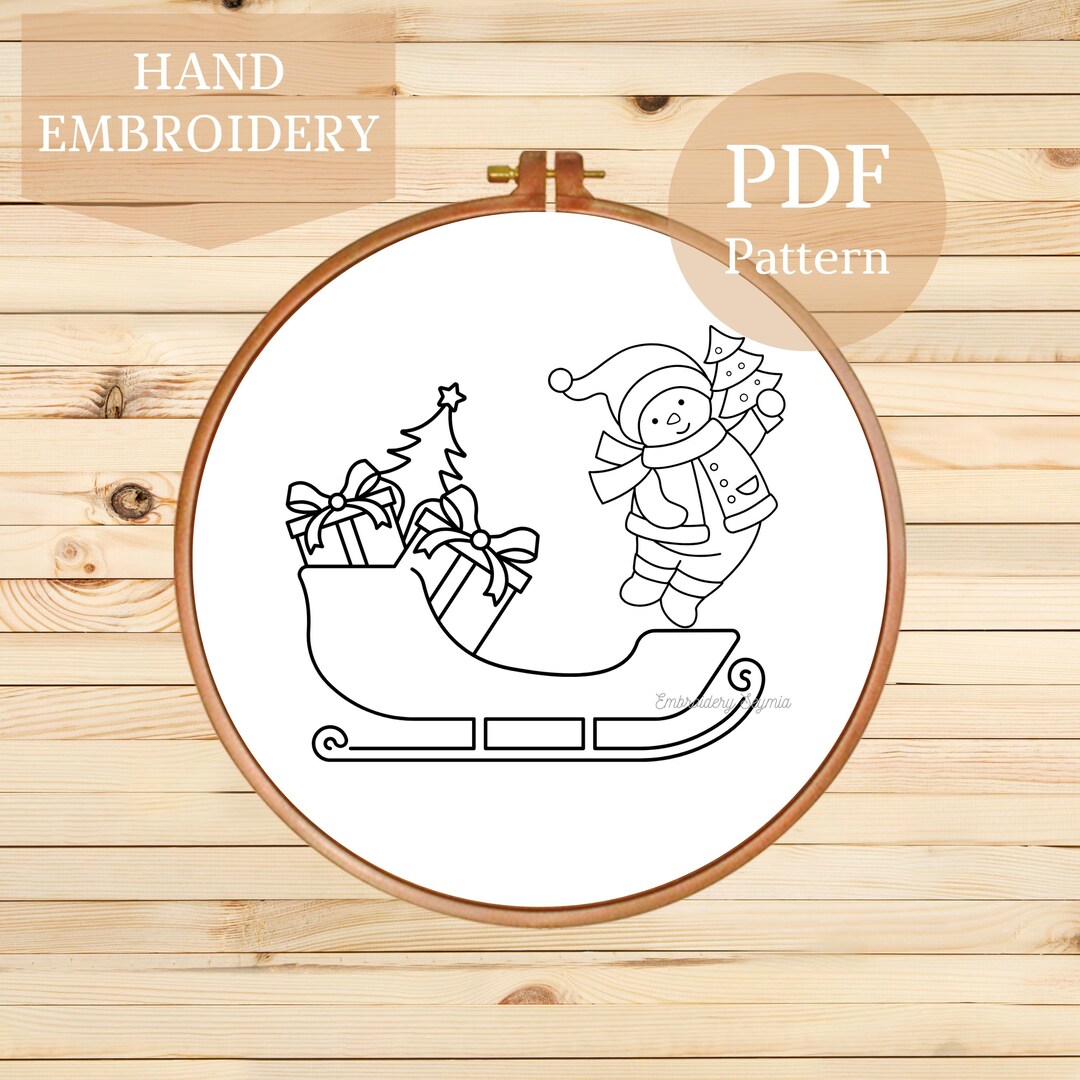 Snowman Hand Embroidery Design: Christmas Sleigh PDF Pattern (instant ...