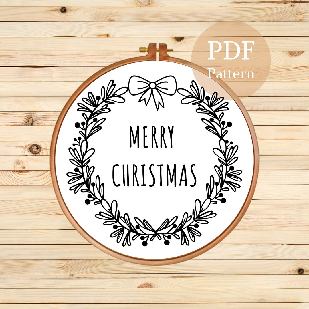 Christmas Hand Embroidery Pattern, Merry Christmas Wreath, Embroidery ...