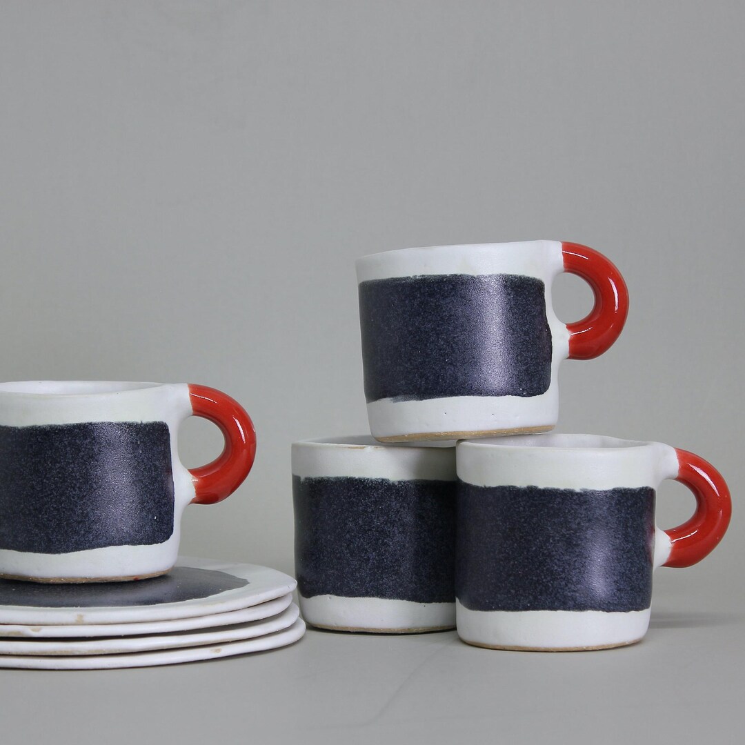 140 Ml Set of 2 Modern Handmade Ceramic Espresso Cups With Red Handle ...