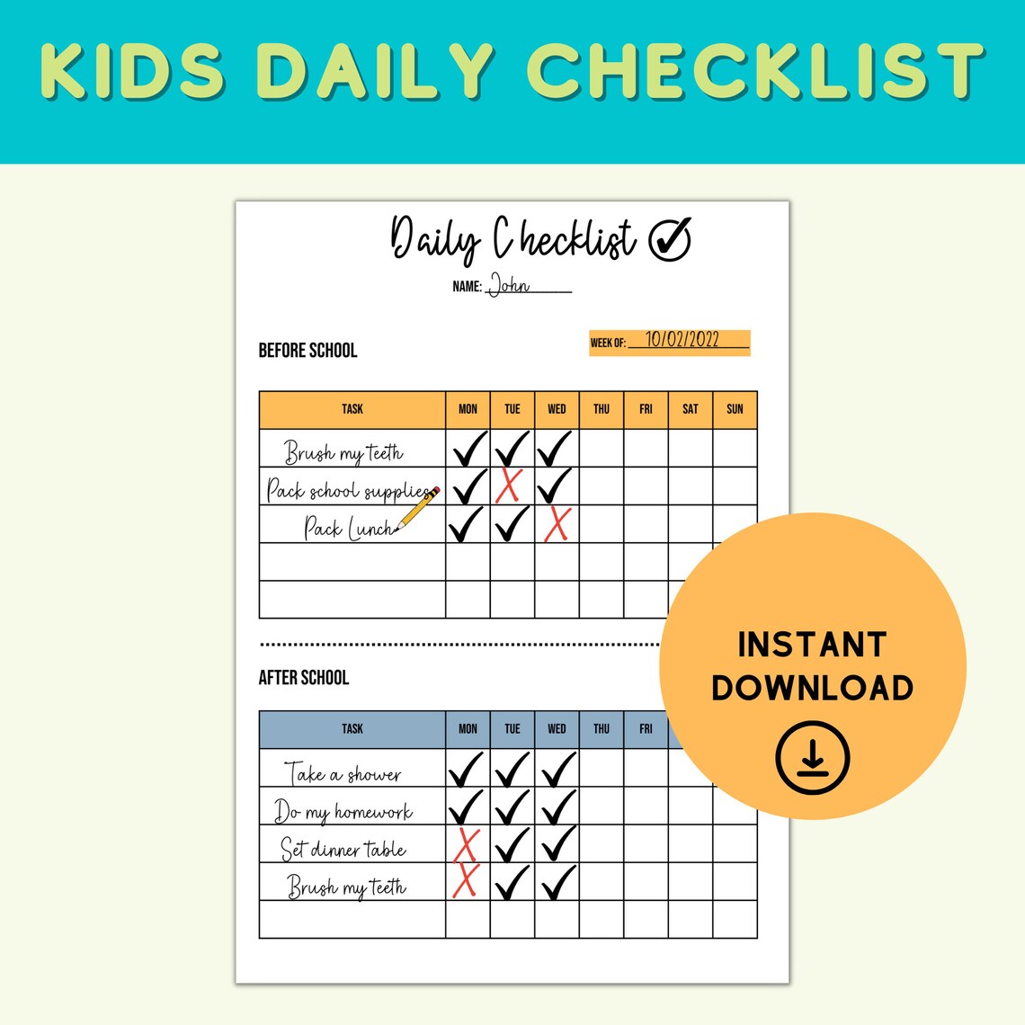 Chore Chart for Kids Printable Chore Chart for Kids Daily Checklist for ...