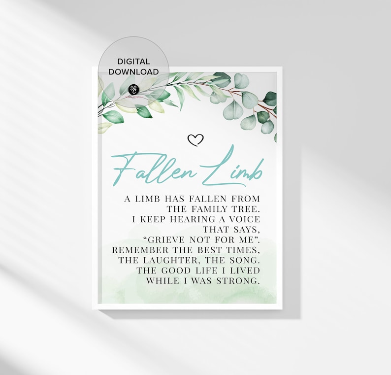 A Limb Has Fallen Memorial Digital Print Funeral Watercolor Sign