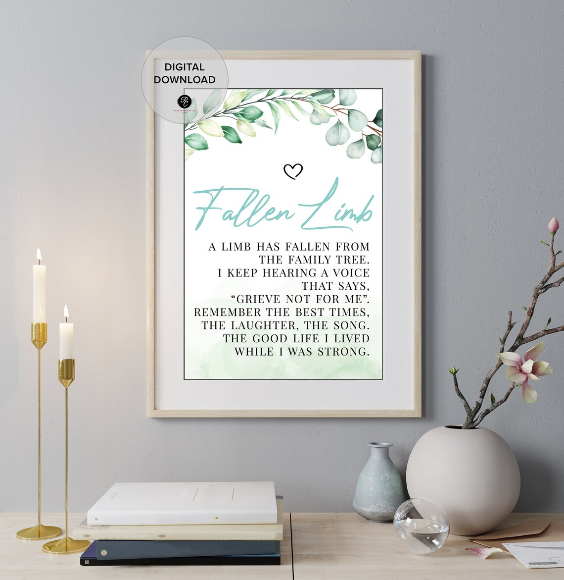 A Limb Has Fallen Memorial Digital Print Funeral Watercolor Sign