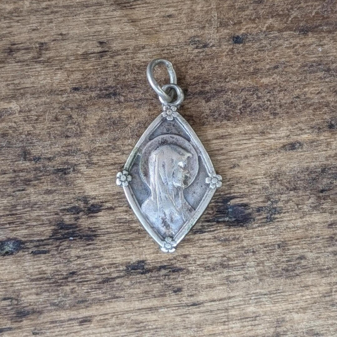 Vintage Our Lady of Lourdes Medal: Diamond Shaped Floral Mary Pendant ...
