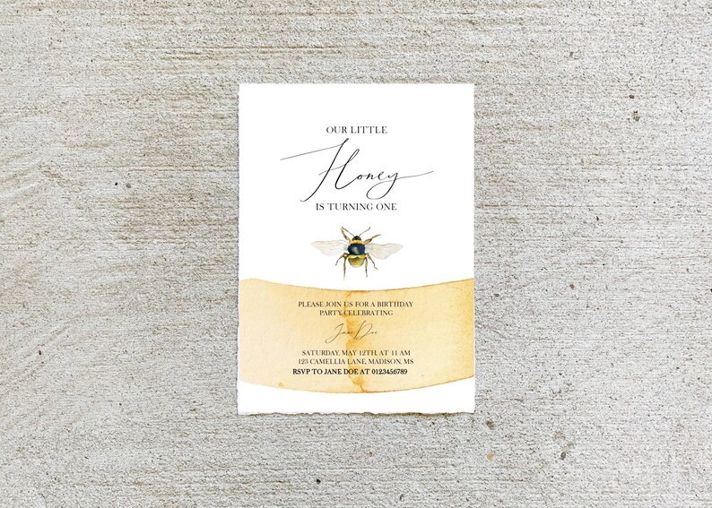 Little Honey Birthday Party Invitation, Printable Honey Bee Watercolor ...
