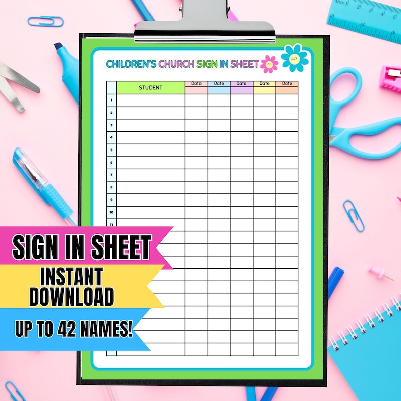 Children's Church Sign in Sheet for Kids Sunday School Attendance ...