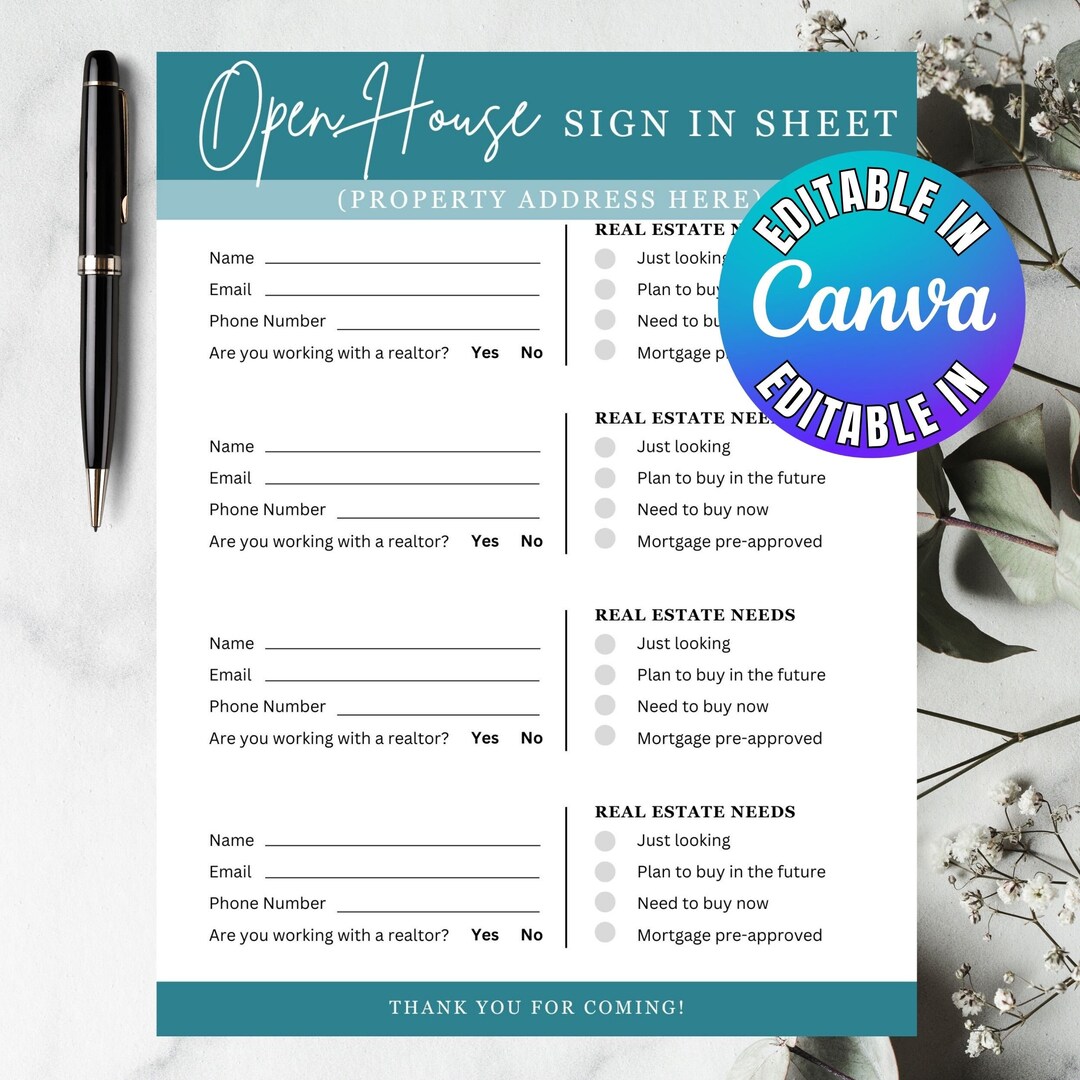 Open House Sign in Sheet for Realtors Marketing Customers Tracker ...