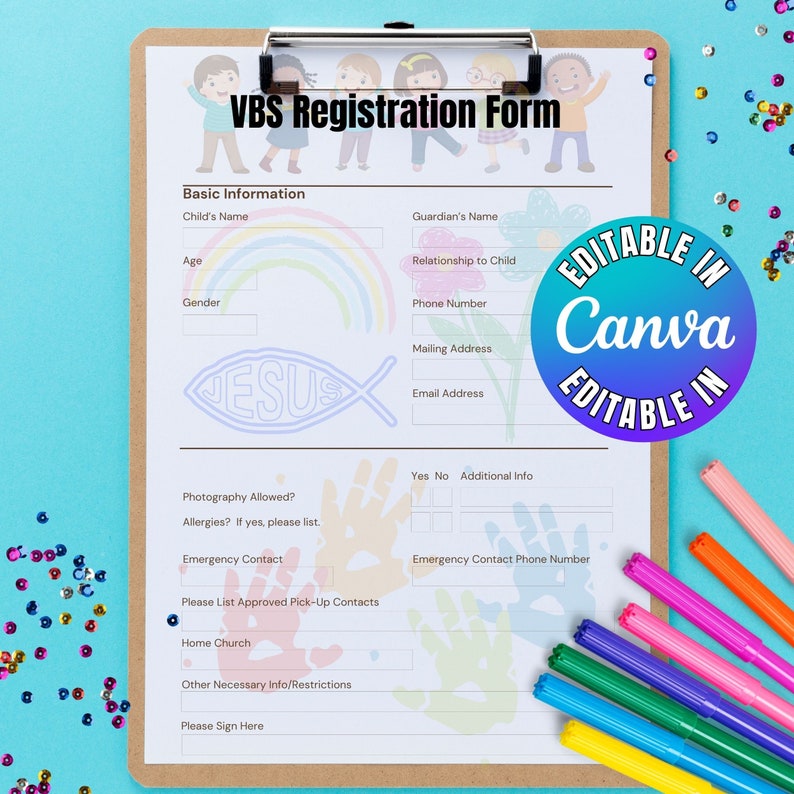 VBS Registration Form for Vacation Bible School Sign up Sheet Emergency ...