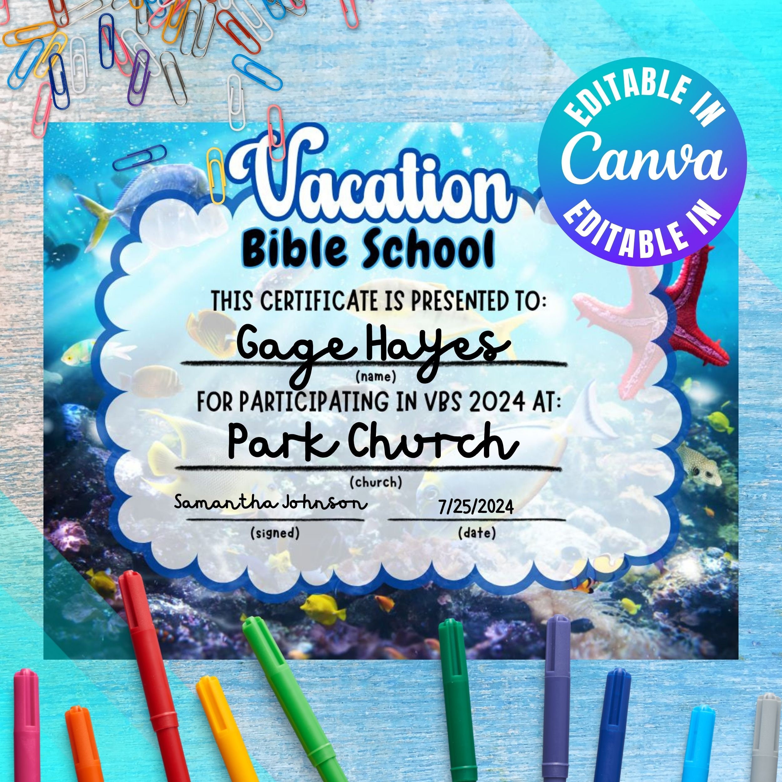 VBS Certificate of Completion Vacation Bible School Ocean Participation Award Children Church ...