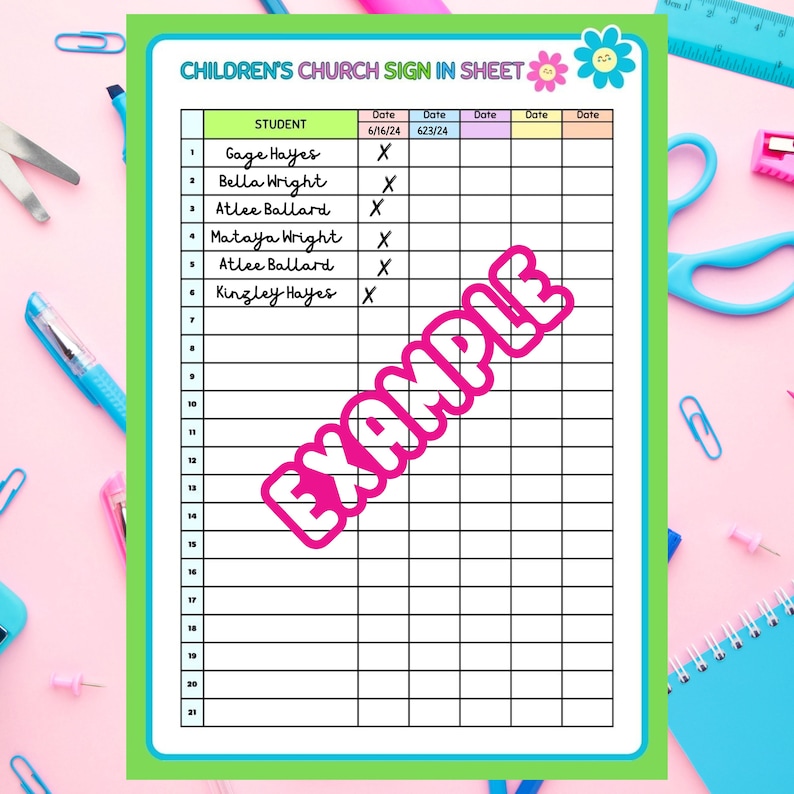 Children's Church Sign in Sheet for Kids Sunday School Attendance ...