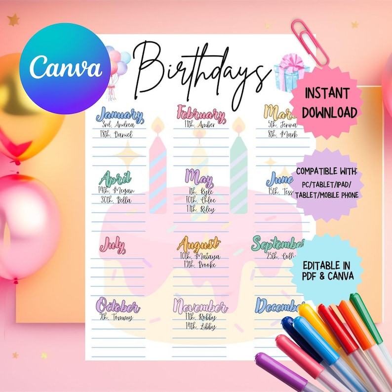 Birthday Tracker for Birthday Chart Editable Birthday List Printable ...