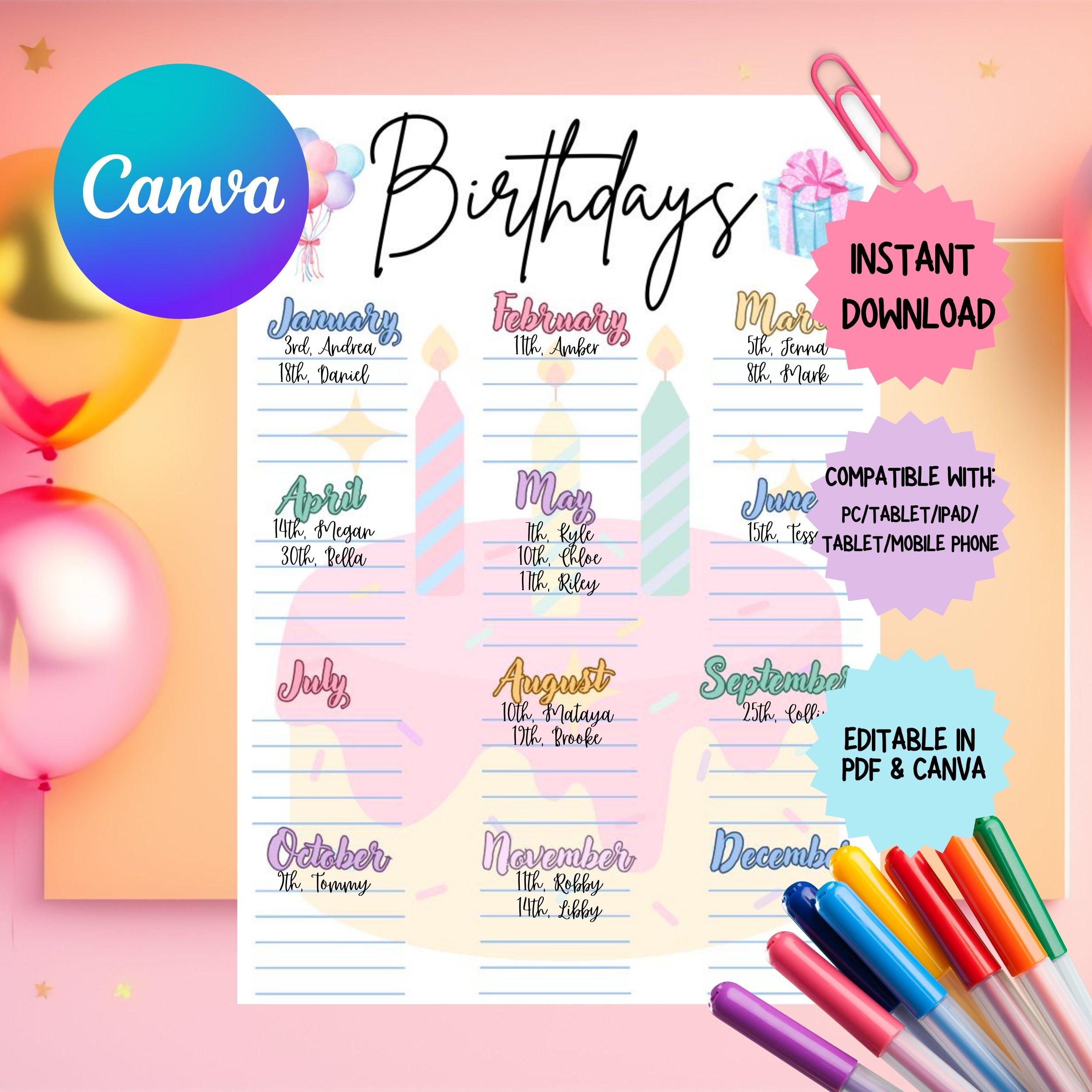 Birthday Tracker for Birthday Chart Editable Birthday List Printable ...