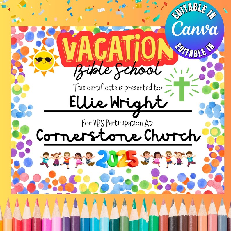 VBS Certificate of Completion for Vacation Bible School Participation ...