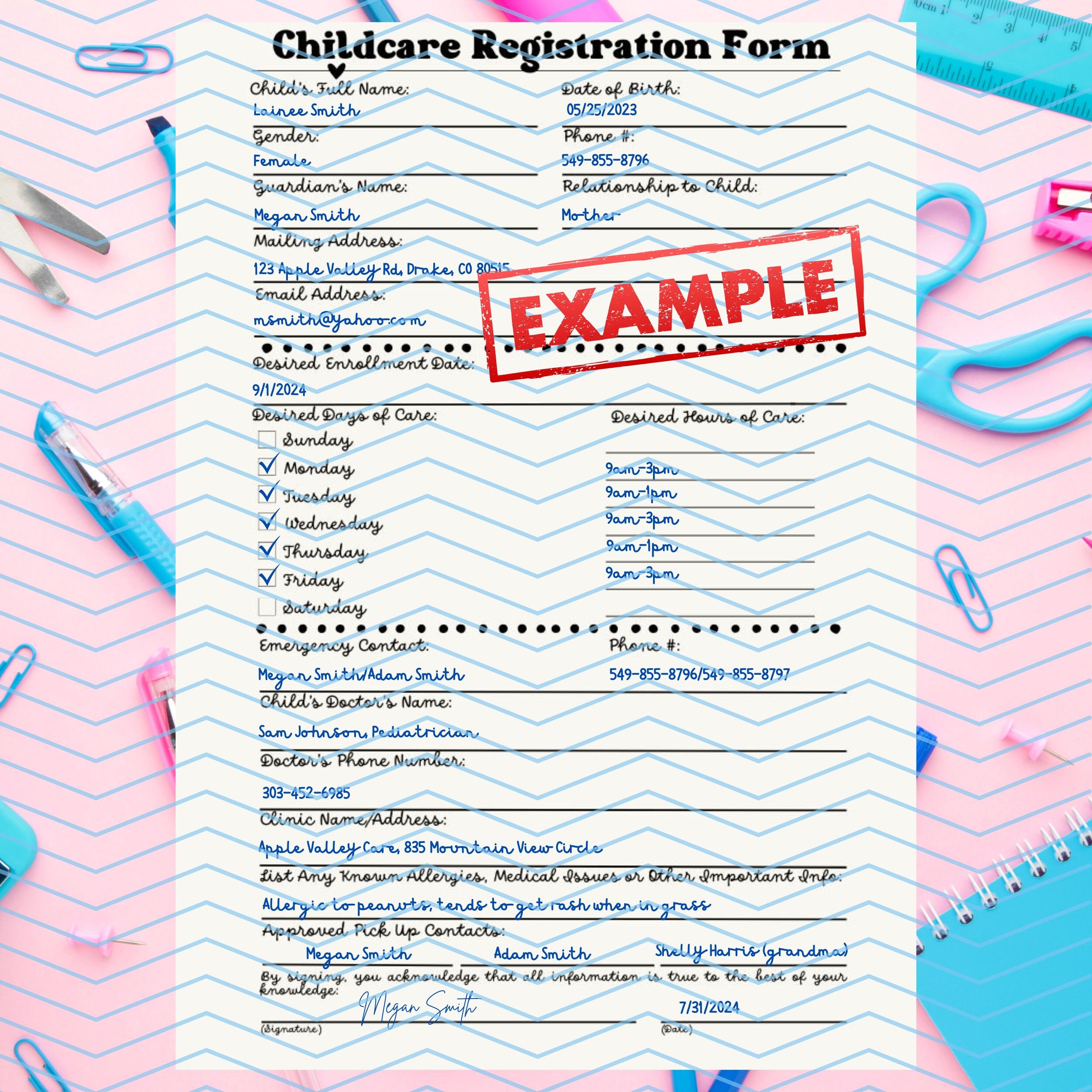 Childcare Registration Form for Daycare Sign up Sheet Emergency Contact ...