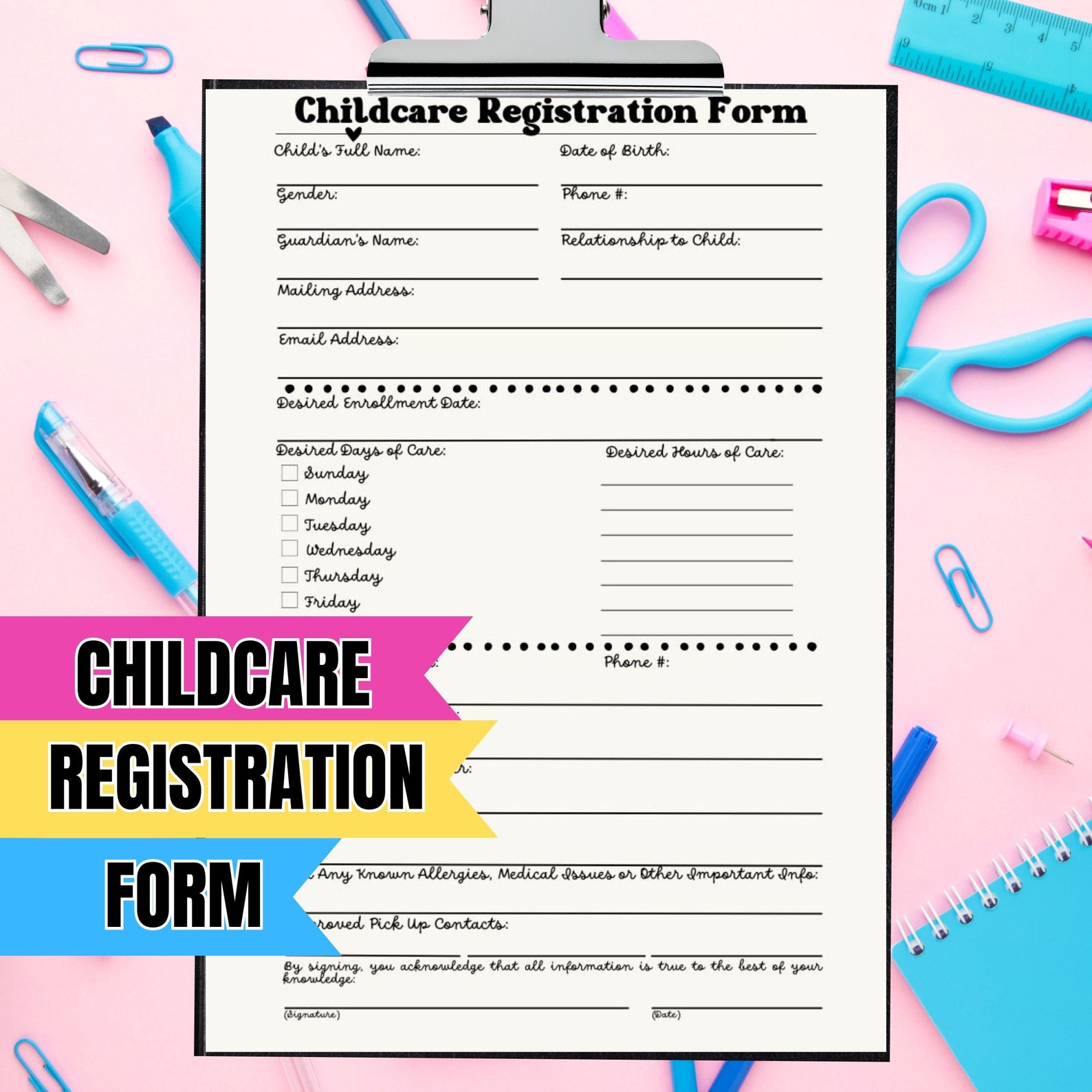 Childcare Registration Form for Daycare Sign up Sheet Emergency Contact ...