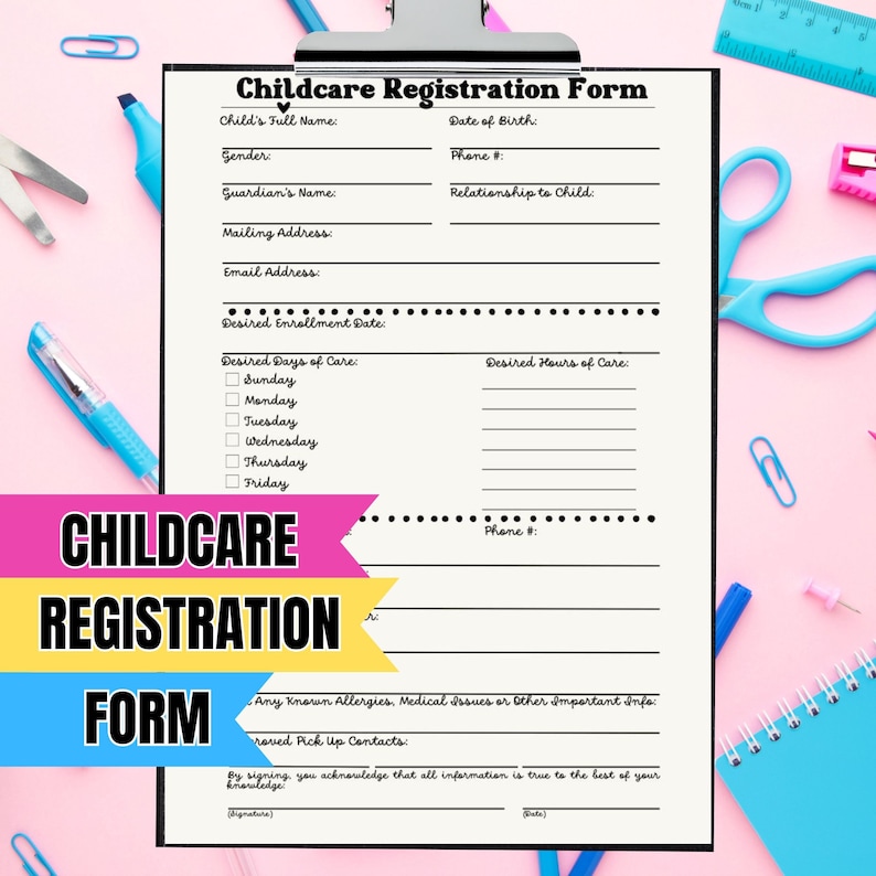 Childcare Registration Form for Daycare Sign up Sheet Emergency Contact ...