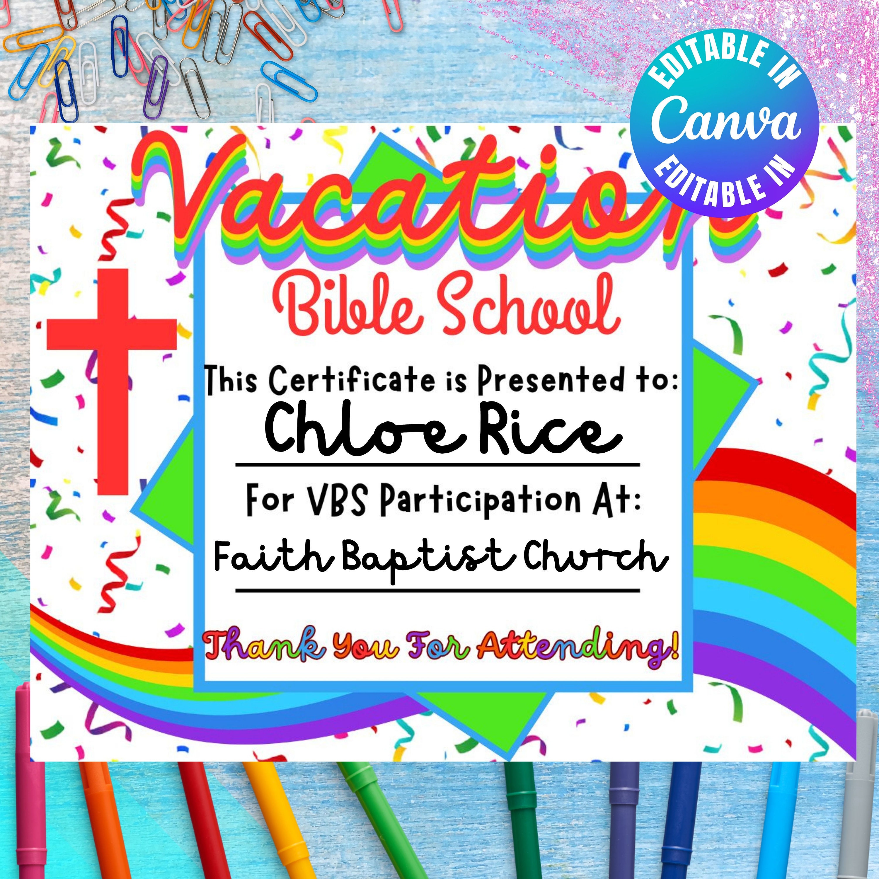 VBS Certificate of Completion for Vacation Bible School Rainbow ...