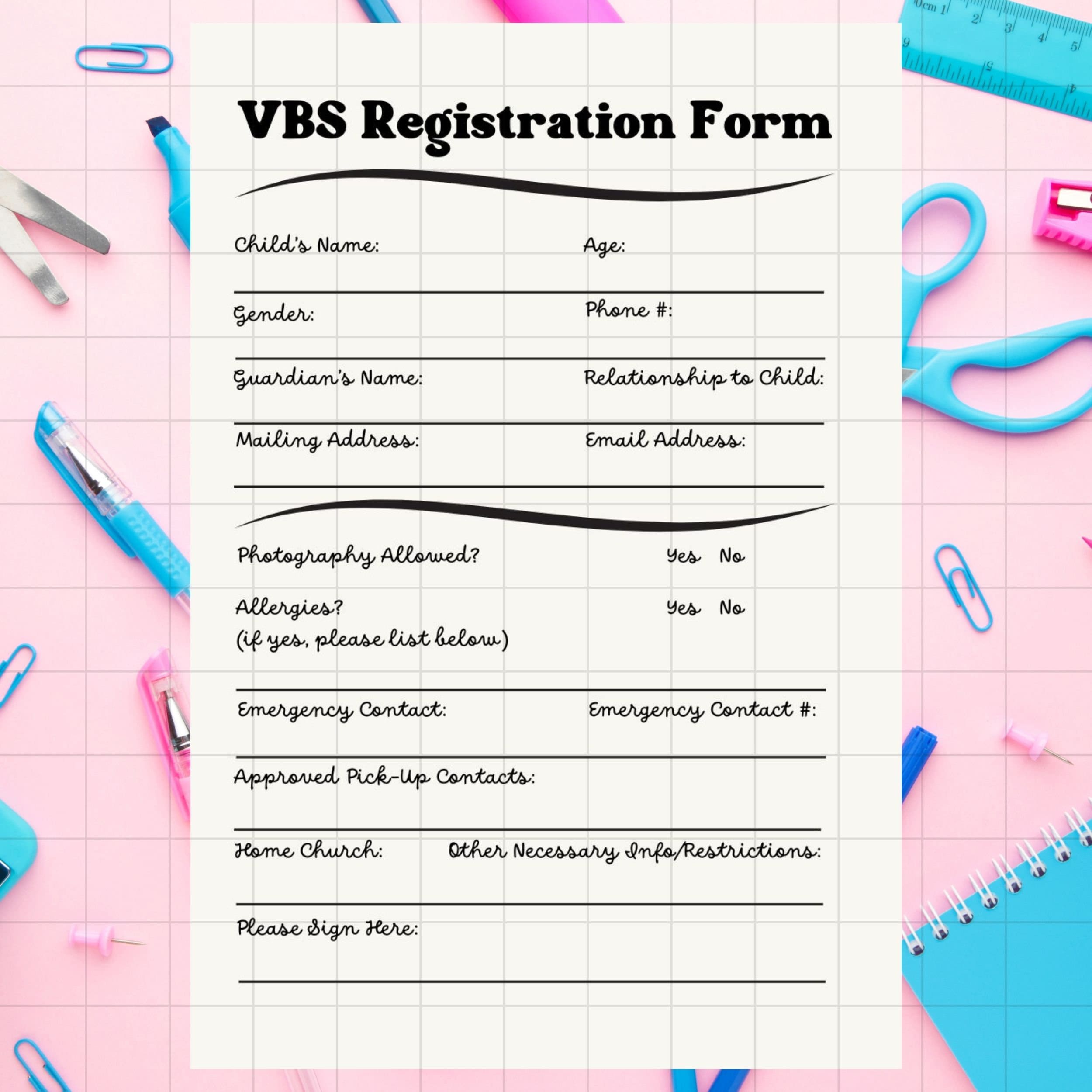 VBS Registration Form for Vacation Bible School Sign up Sheet Emergency ...