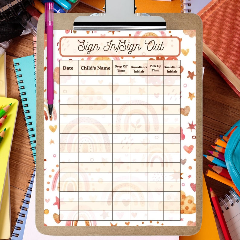 Daycare Sign in Sign Out Sheet for Children Attendance Form Time in ...
