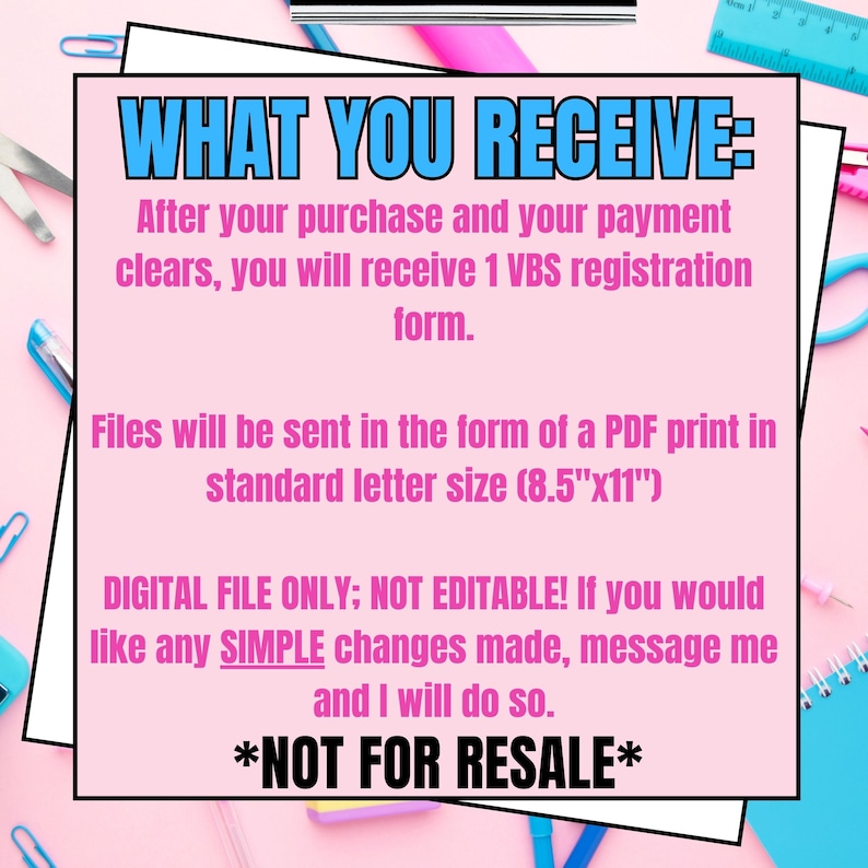 VBS Registration Form for Vacation Bible School Sign up Sheet Emergency ...