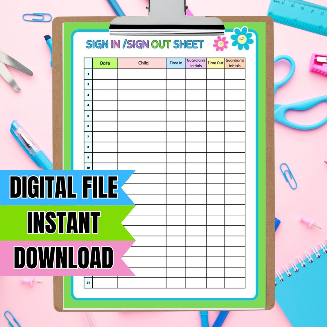 Daycare Sign in Sign Out Sheet for Children Attendance Form Time in ...