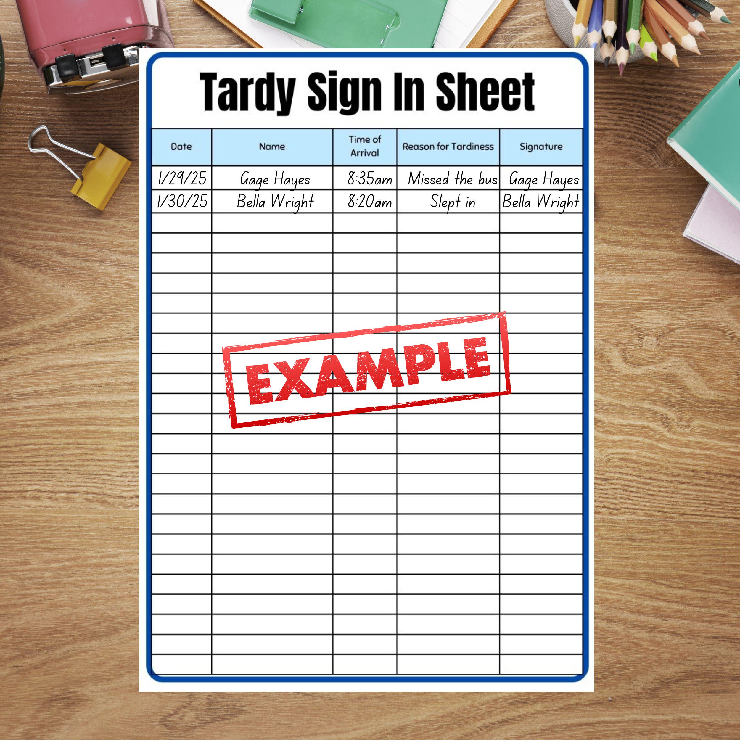 Tardy Sign in Sheet for Teacher Tardy Sign in Chart for Tardiness Sign ...