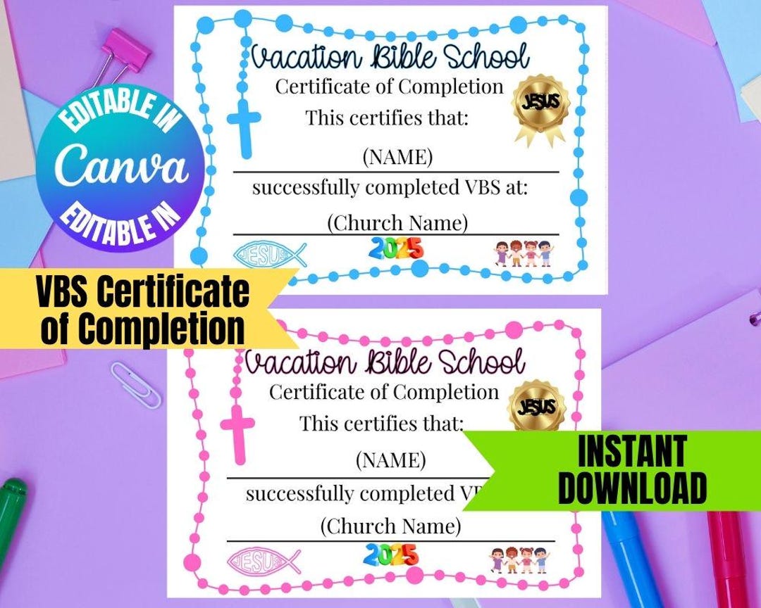 VBS Certificate of Completion for Vacation Bible School Certificates ...