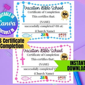 VBS Certificate of Completion for Vacation Bible School Certificates ...