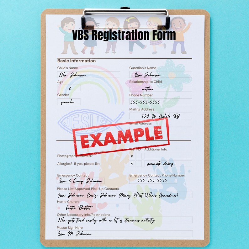 VBS Registration Form for Vacation Bible School Sign up Sheet Emergency ...