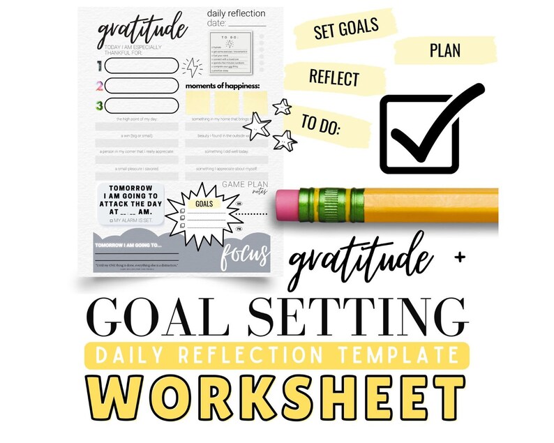 Gratitude and Goal Setting Worksheet | Daily Reflection Template - Etsy