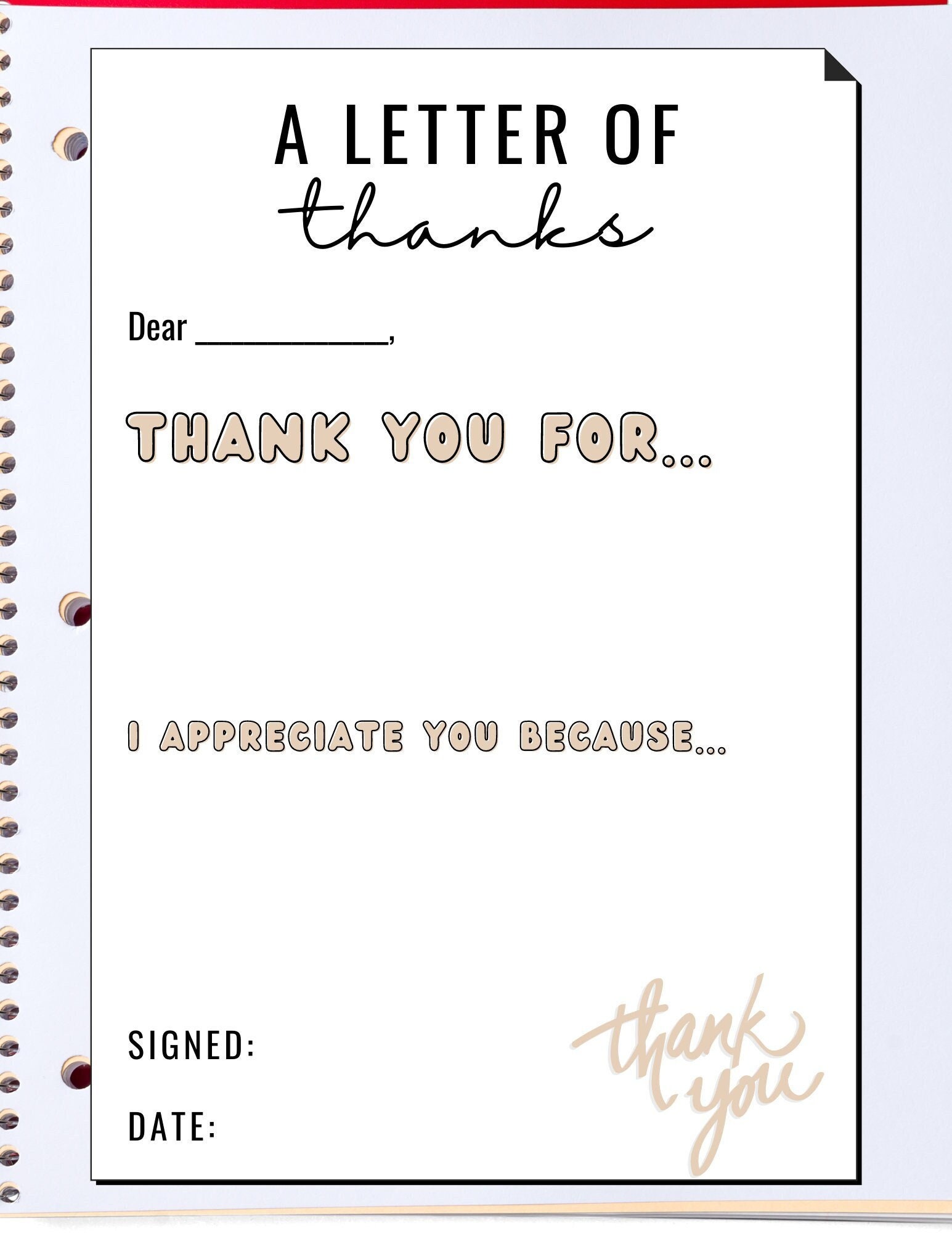 Fillable- A Letter of Thanks Template, Printable Worksheet, Instant ...