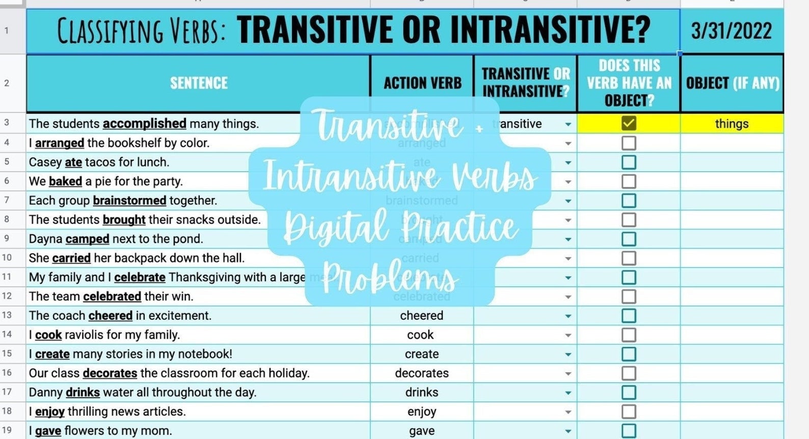 Grammar Transitive + Intransitive Verbs Digital Practice Problems ...