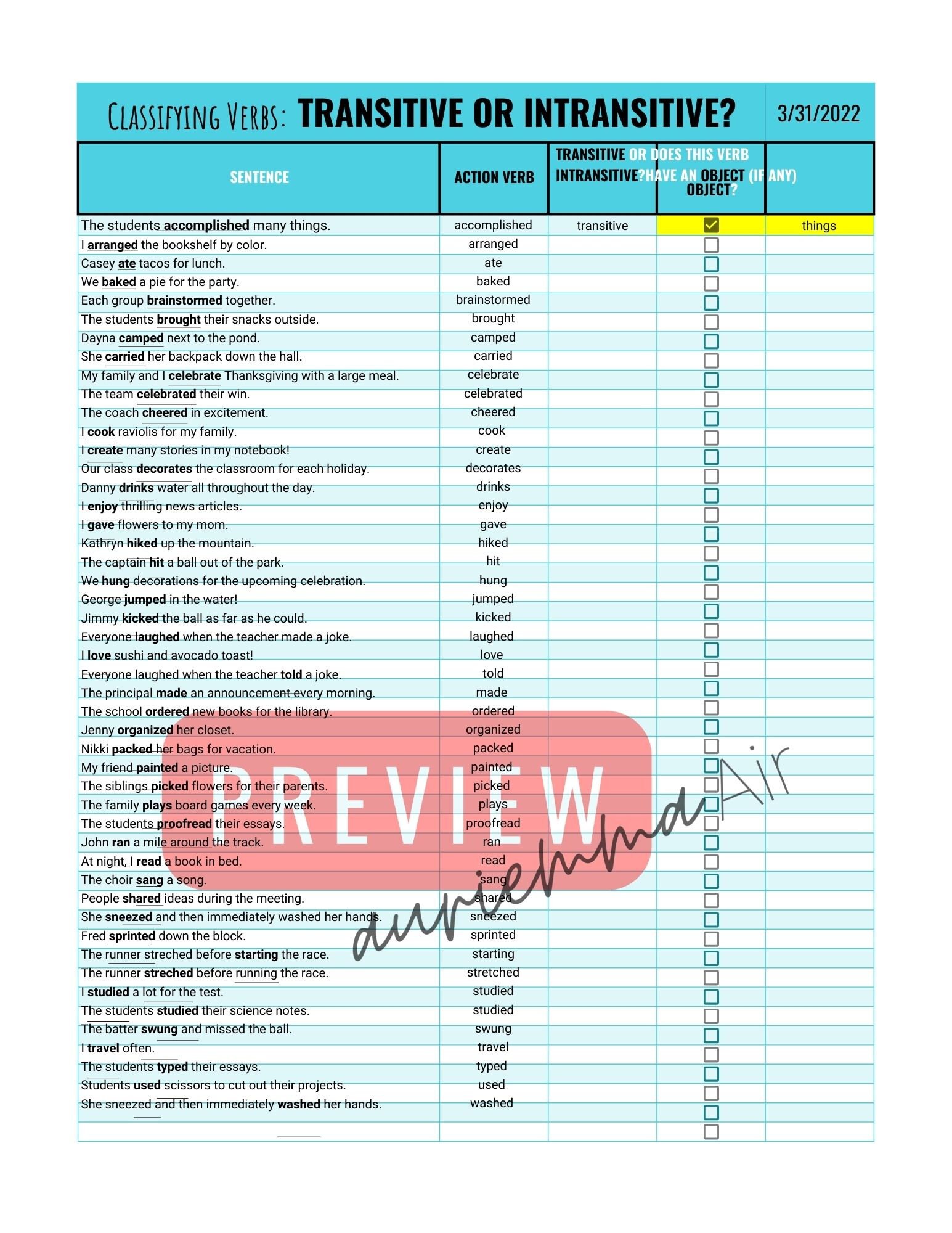 Grammar Transitive + Intransitive Verbs Digital Practice Problems ...