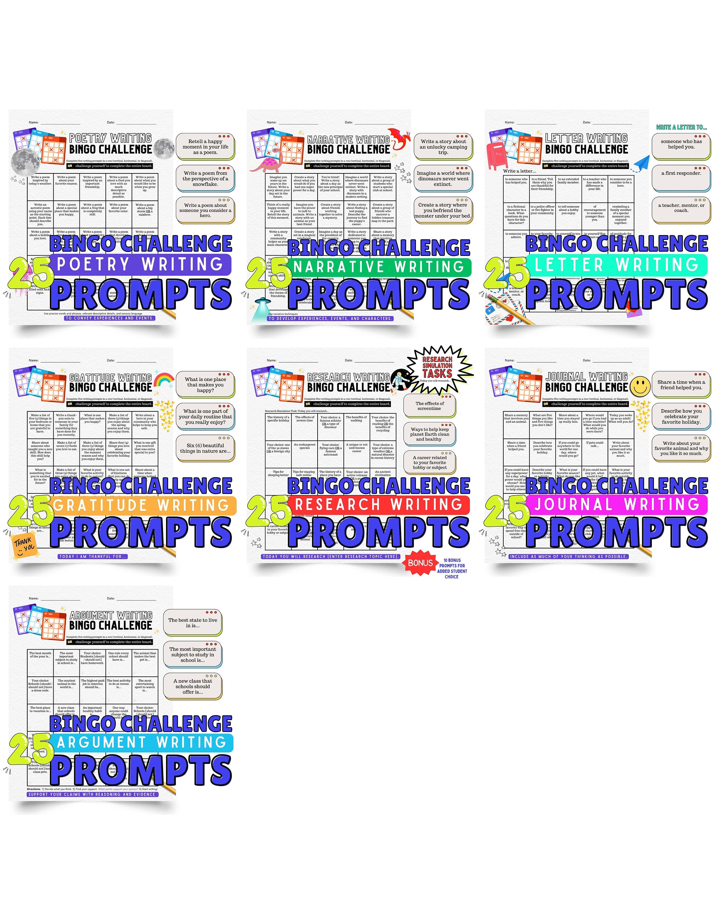 Bingo Board Writing Challenge Bundle | Writer's Notebook Activities ...