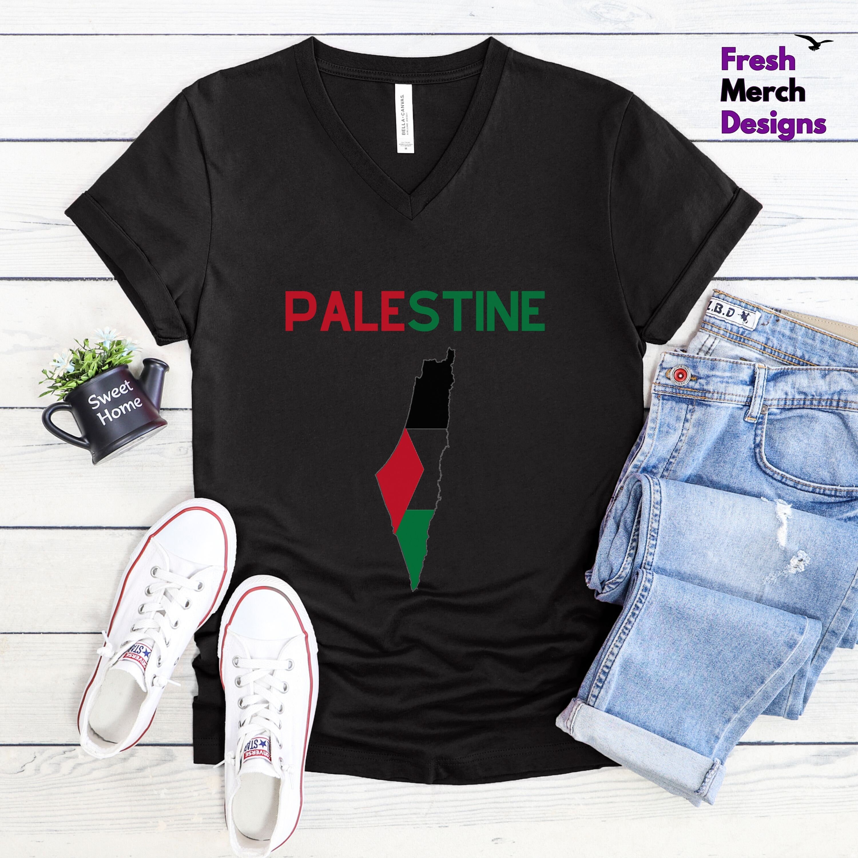 Palestine V-neck Tee, Palestine Map, Palestine Flag, Flag Map Clothing ...