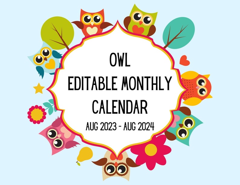 Owl Editable 13 Month Calendar - Etsy