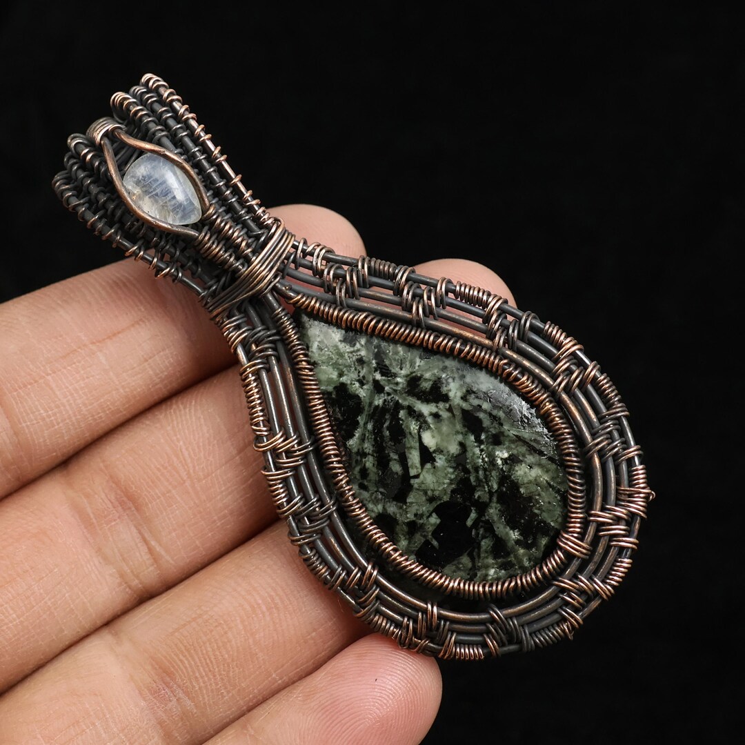 Chinese Writing Jasper Pendant Copper Wire Wrapped Pendant Moonstone ...