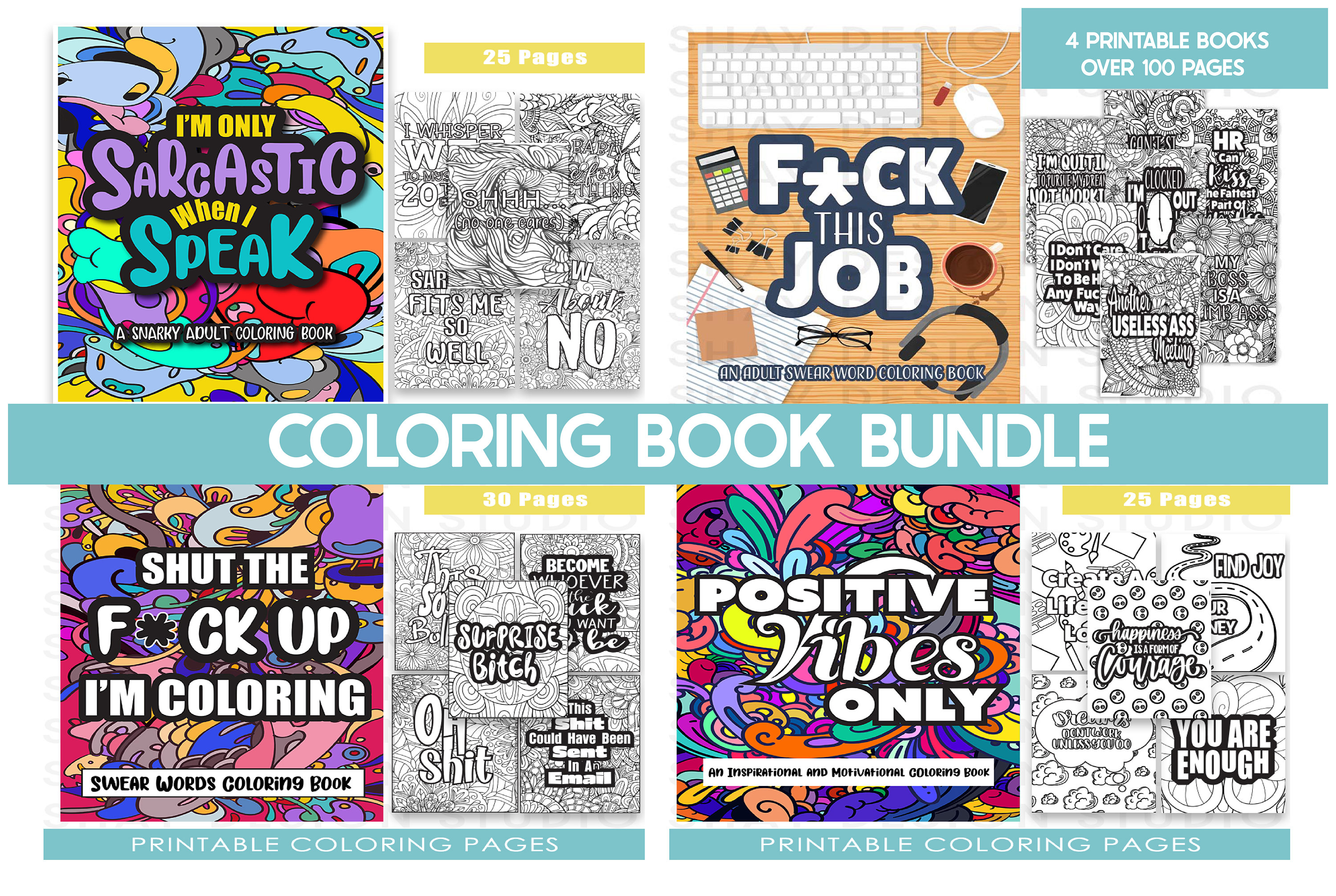 Funny Adult Coloring Pages Bundle, Sarcastic Coloring Books, Swear ...